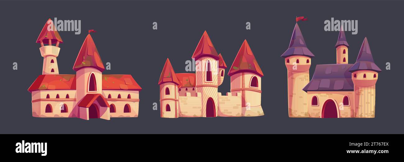 Fairytale kingdom medieval castle cartoon vector set. Dirty abandoned ...