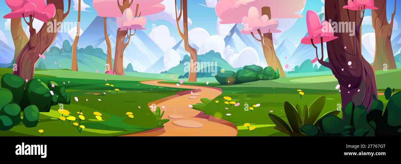 Path in cherry forest near mountain cartoon background. Japan sakura ...