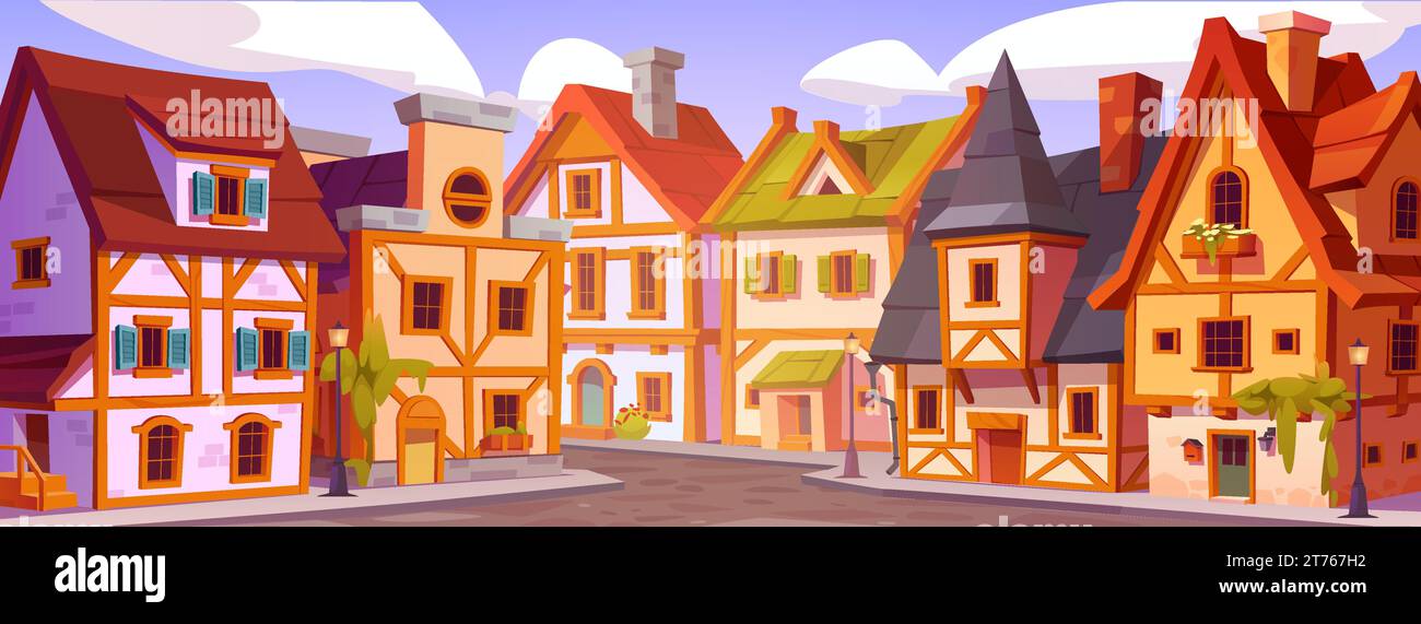 Germany town street. Old building in europe village vector landscape ...