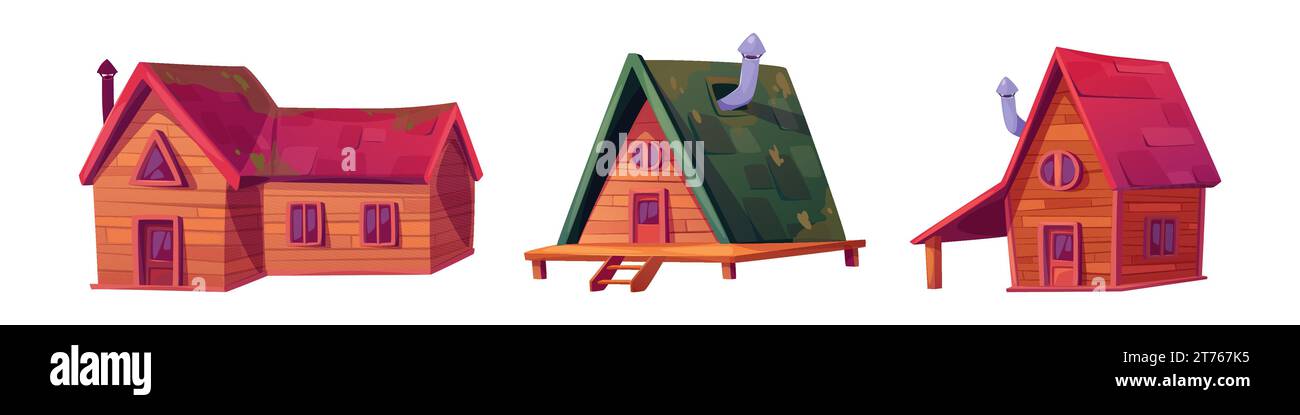 Wooden cabin clipart, summer forest house vector set. Wood mountain ...