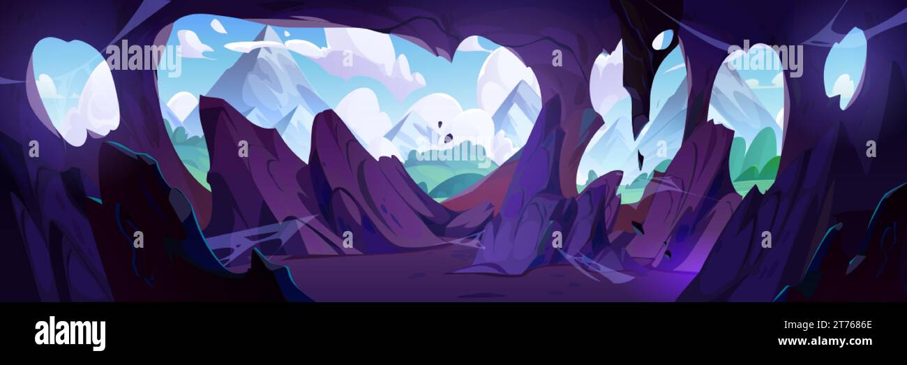 View of mountains and forest from inside cave. Entrance or exit to ...