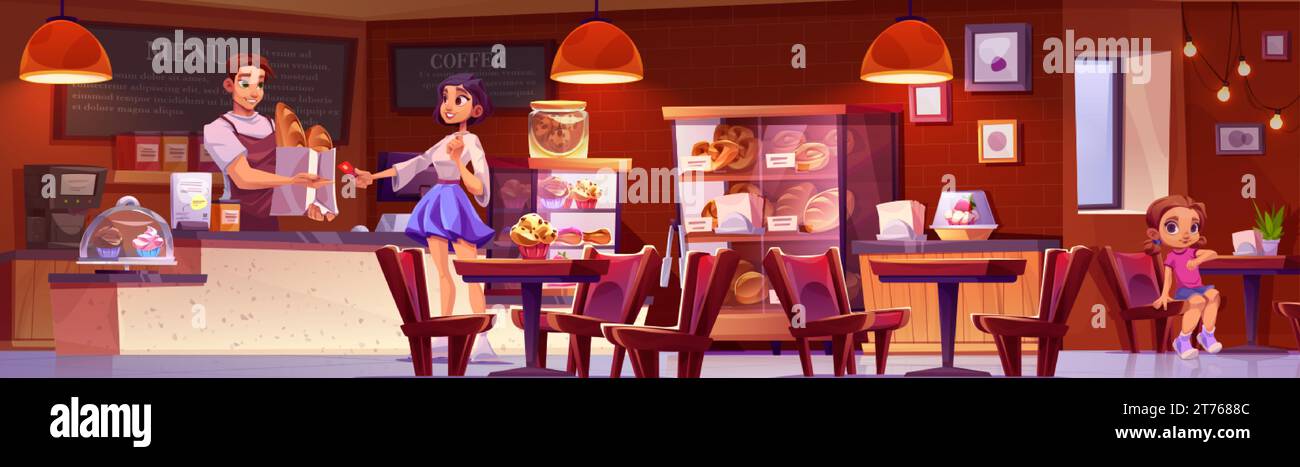 Friendly baker selling bread to customer in modern cafe with fresh ...