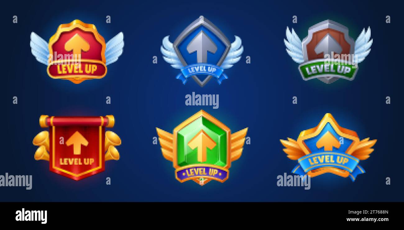 Set of level up badges isolated on background. Vector cartoon ...