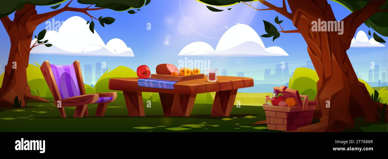 Picnic setup - cartoon table with food, wicker basket and lounge chair ...