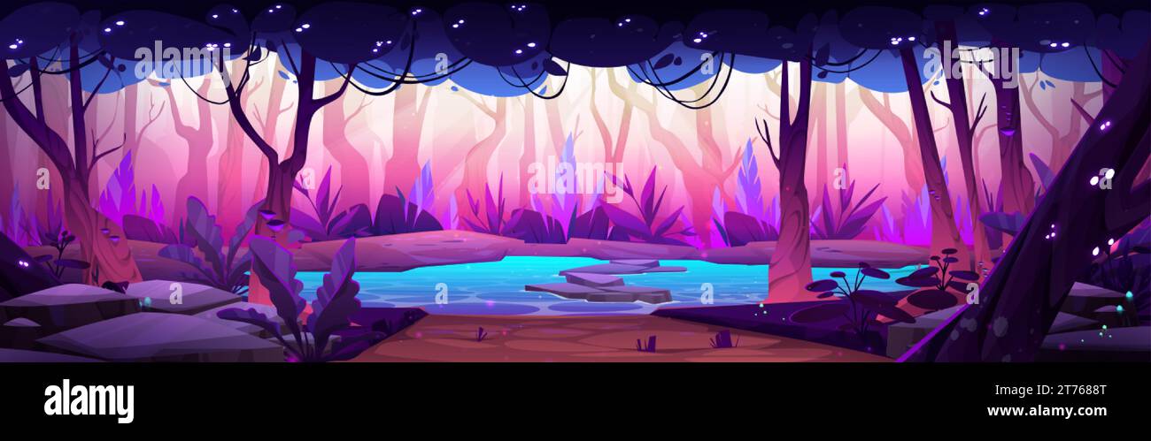 Fairy tale forest landscape with lake. Vector cartoon illustration of ...