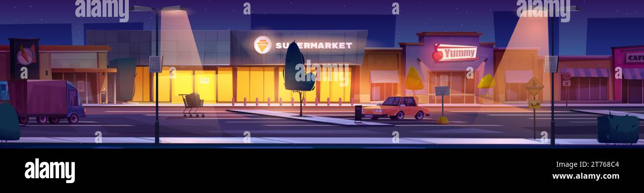 Night supermarket and autos on parking lot. Vector cartoon illustration ...