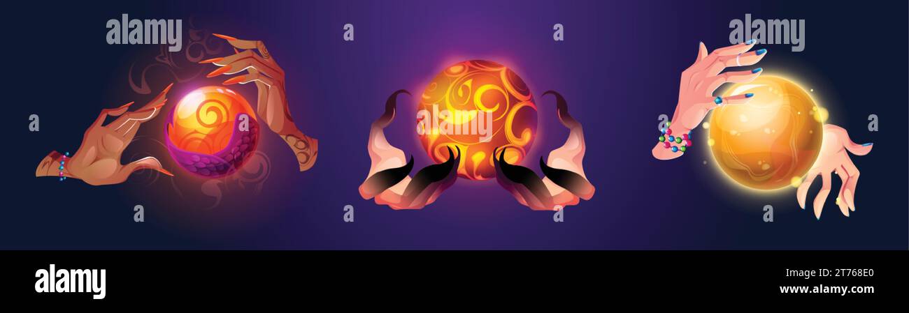 Magic energy balls in witch hands set isolated on background. Vector ...