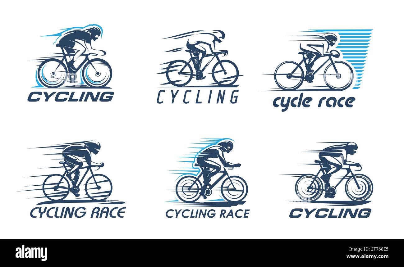 Cycling sport icons with bike racer silhouettes. Road bicycle racing or ...