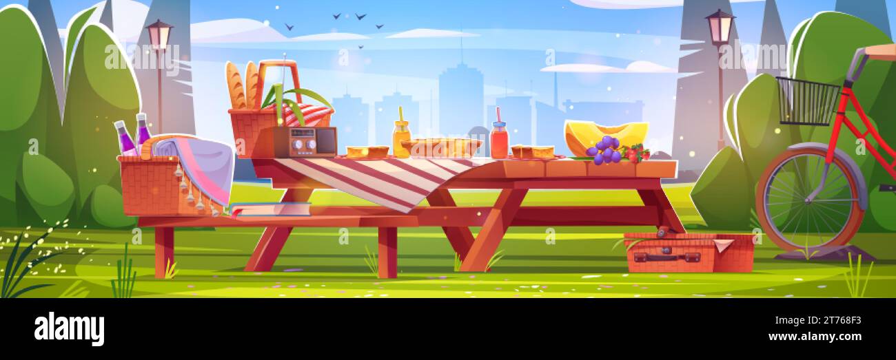 Retro picnic on wooden table in morning city park. Vector cartoon ...