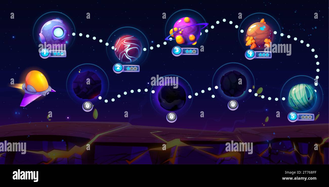 Space adventure arcade game map. Vector cartoon illustration of night ...