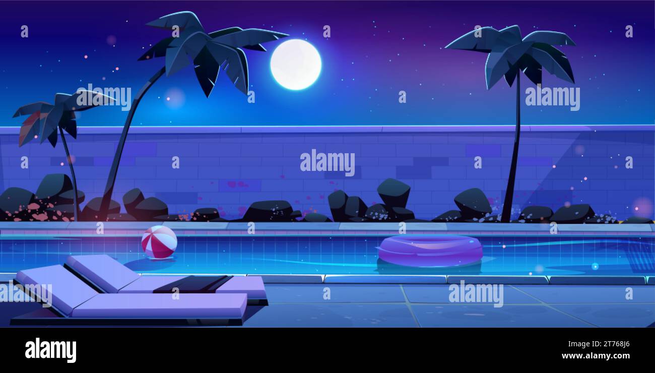 Night swimming pool at tropical summer resort. Vector cartoon ...
