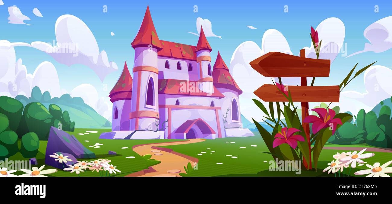 Medieval princess castle fairytale landscape background. Signboard ...