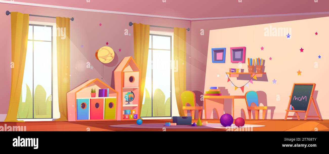 Kindergarten classroom or nursery playroom cartoon background. Toy for ...