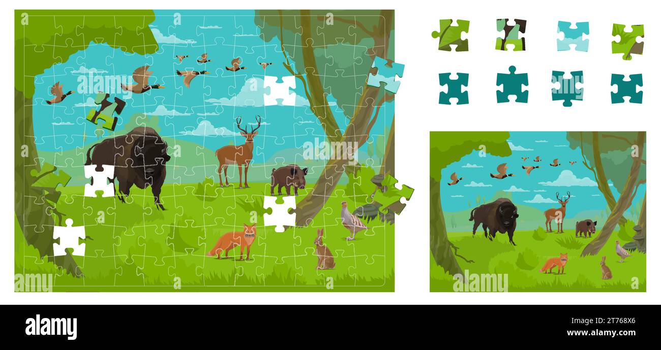 Jigsaw puzzle pieces, forest hunting animals and birds, vector kids ...