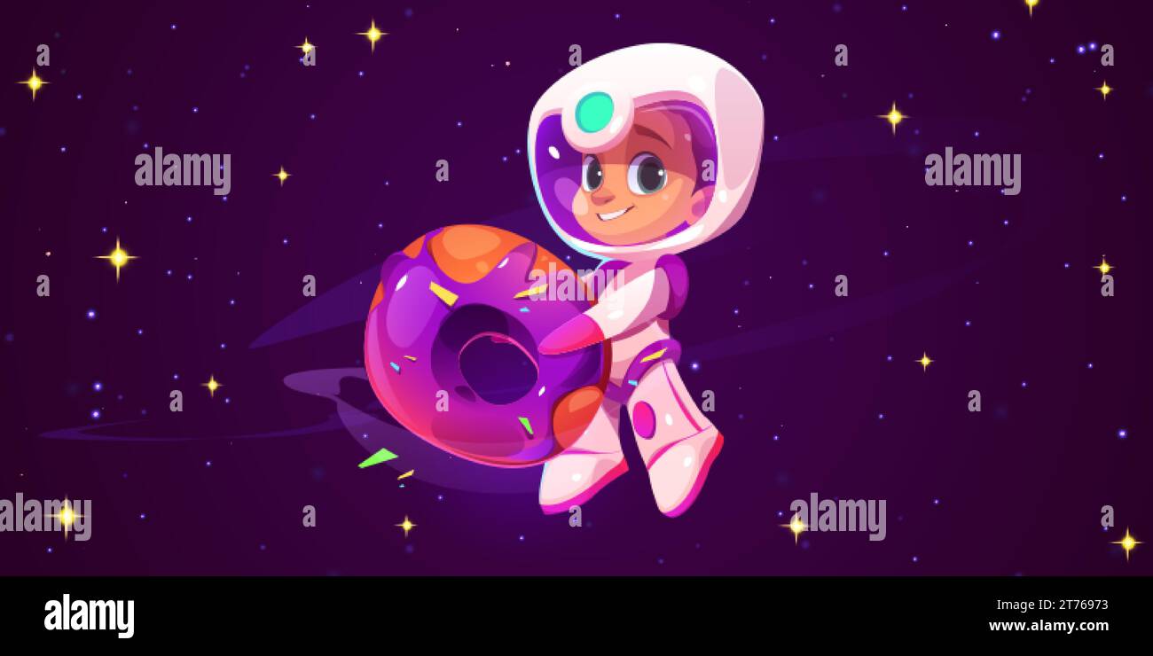 Cute kid boy astronaut flying in fantasy space and holding big donut ...