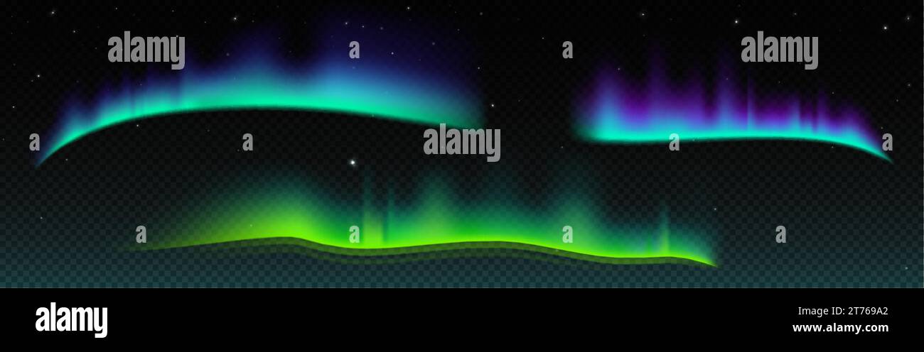 Northern lights with neon glowing effect on dark transparent background ...