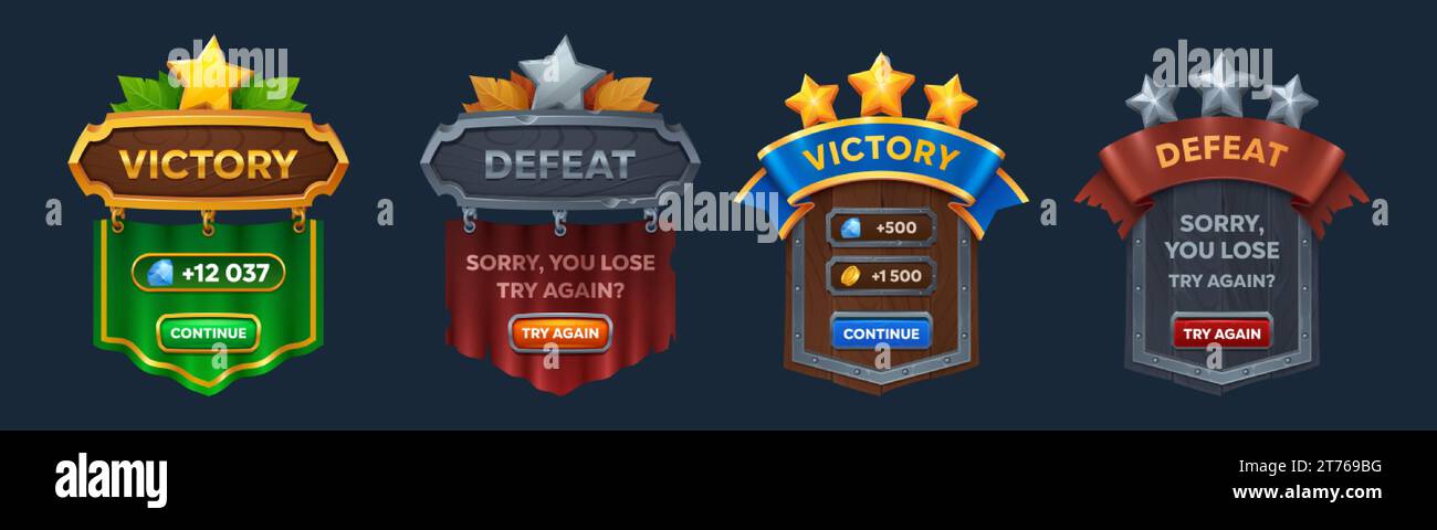 Win and lose game user interface badges. Cartoon vector set of victory ...