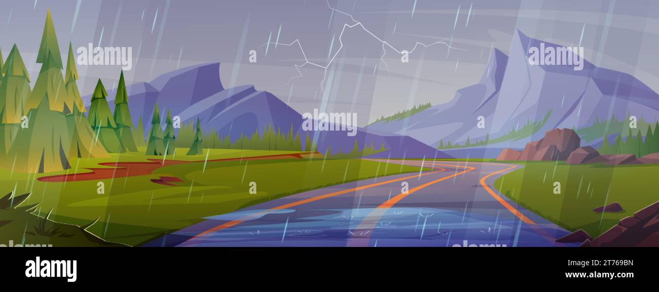 Rainy mountain landscape with winding asphalt road and forest on sides ...