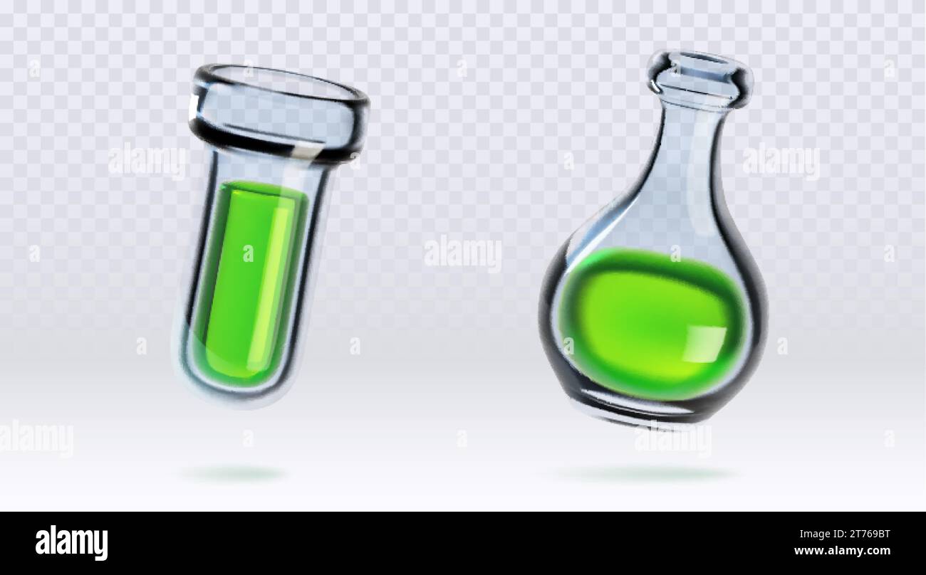 Chemical lab flasks with green liquid substance isolated on transparent ...