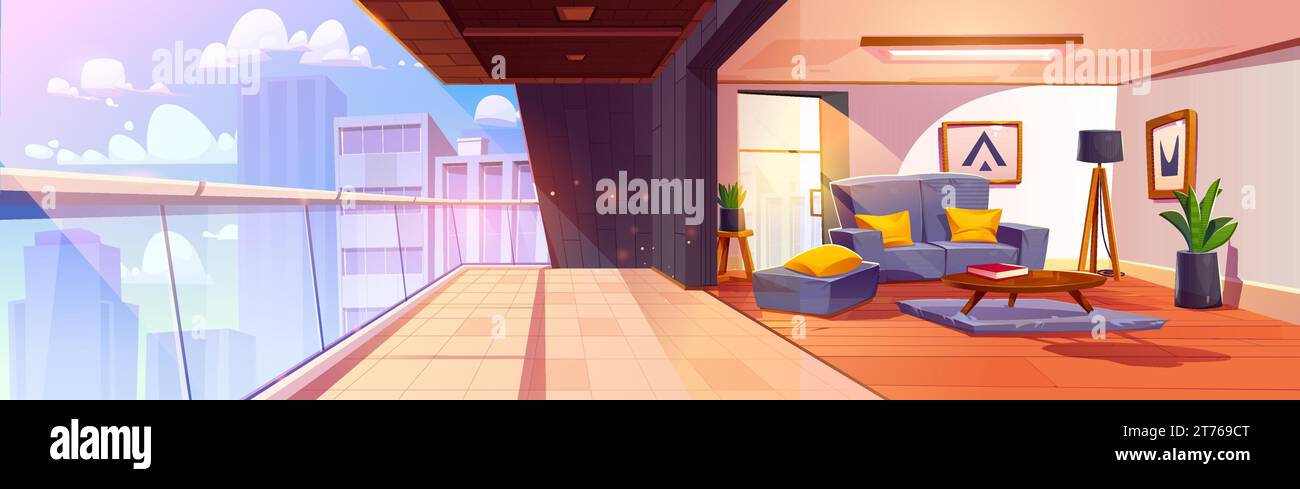 Home balcony and living room interior vector background. Flat open ...