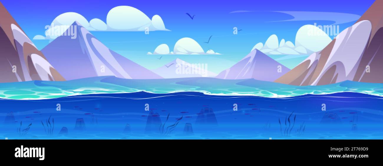 Mountain lake with underwater view. Vector cartoon illustration of blue ...