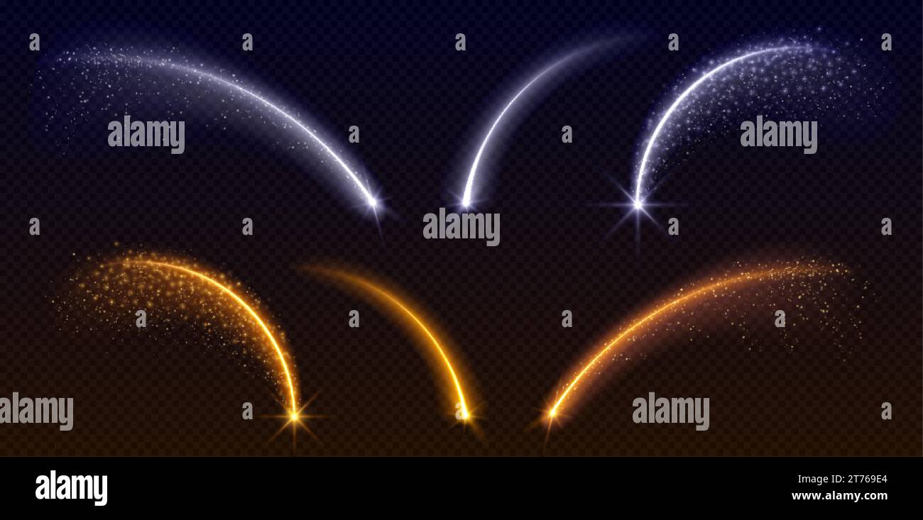 Yellow and white shooting star trails on transparent background. Vector ...