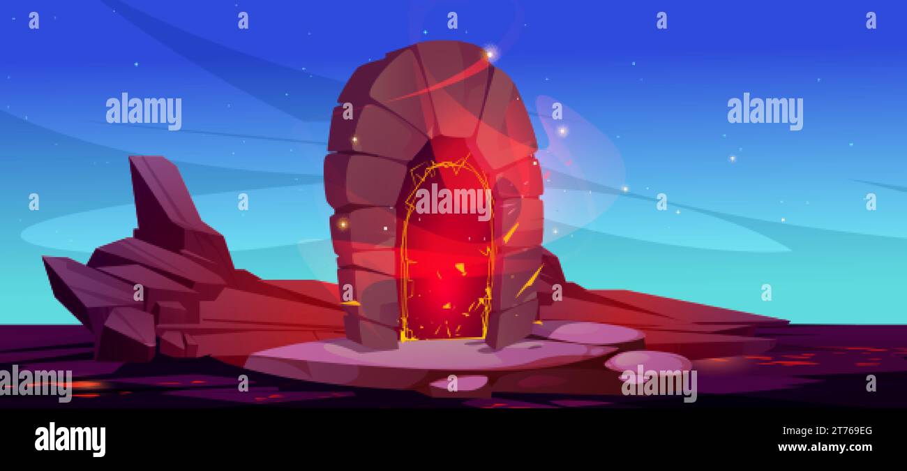 Magic portal on rocky island landscape. Vector cartoon illustration of ...