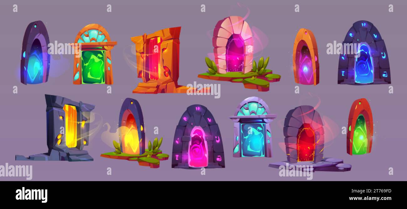 Magic game door with glowing portal. Cartoon vector illustration set of ...