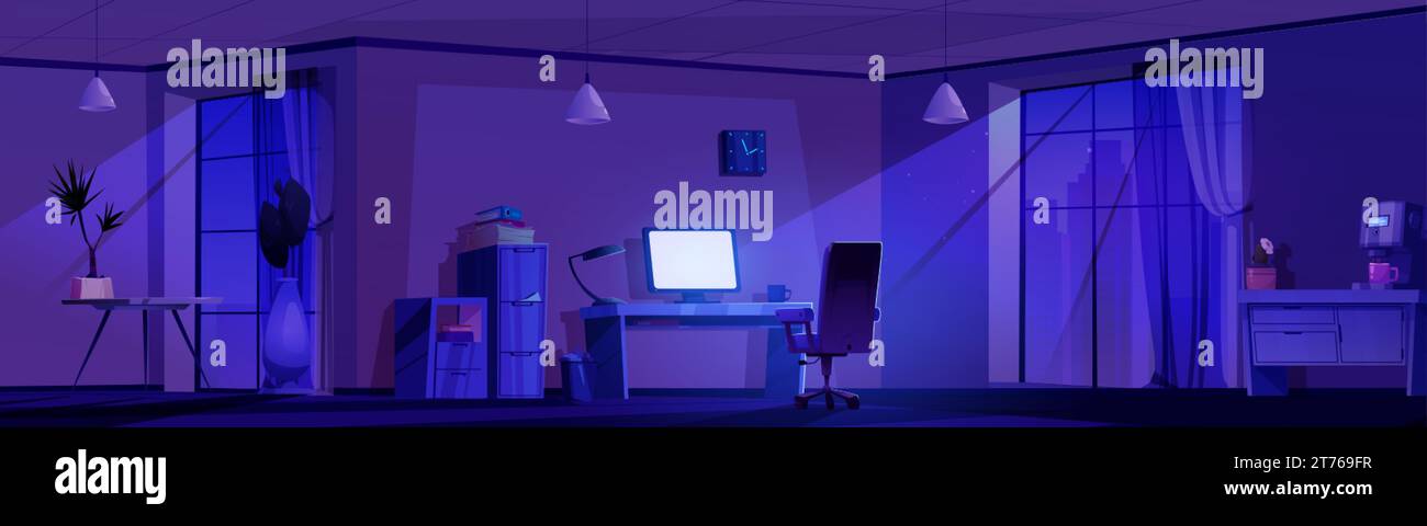 Night office interior with cityscape view in window. Vector cartoon ...