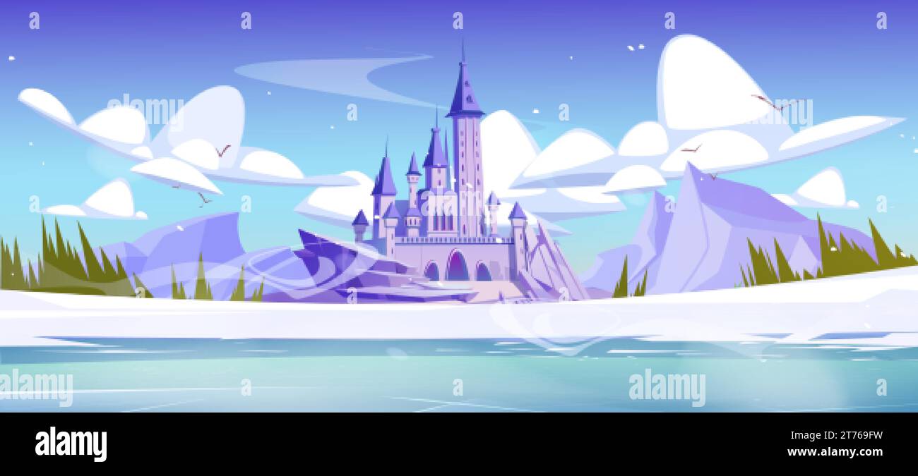 Fairytale royal castle near rocky mountains in winter covered with snow ...