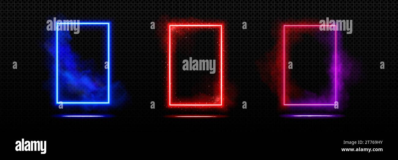 Neon futuristic door frame with glowing and steam effect. Realistic ...
