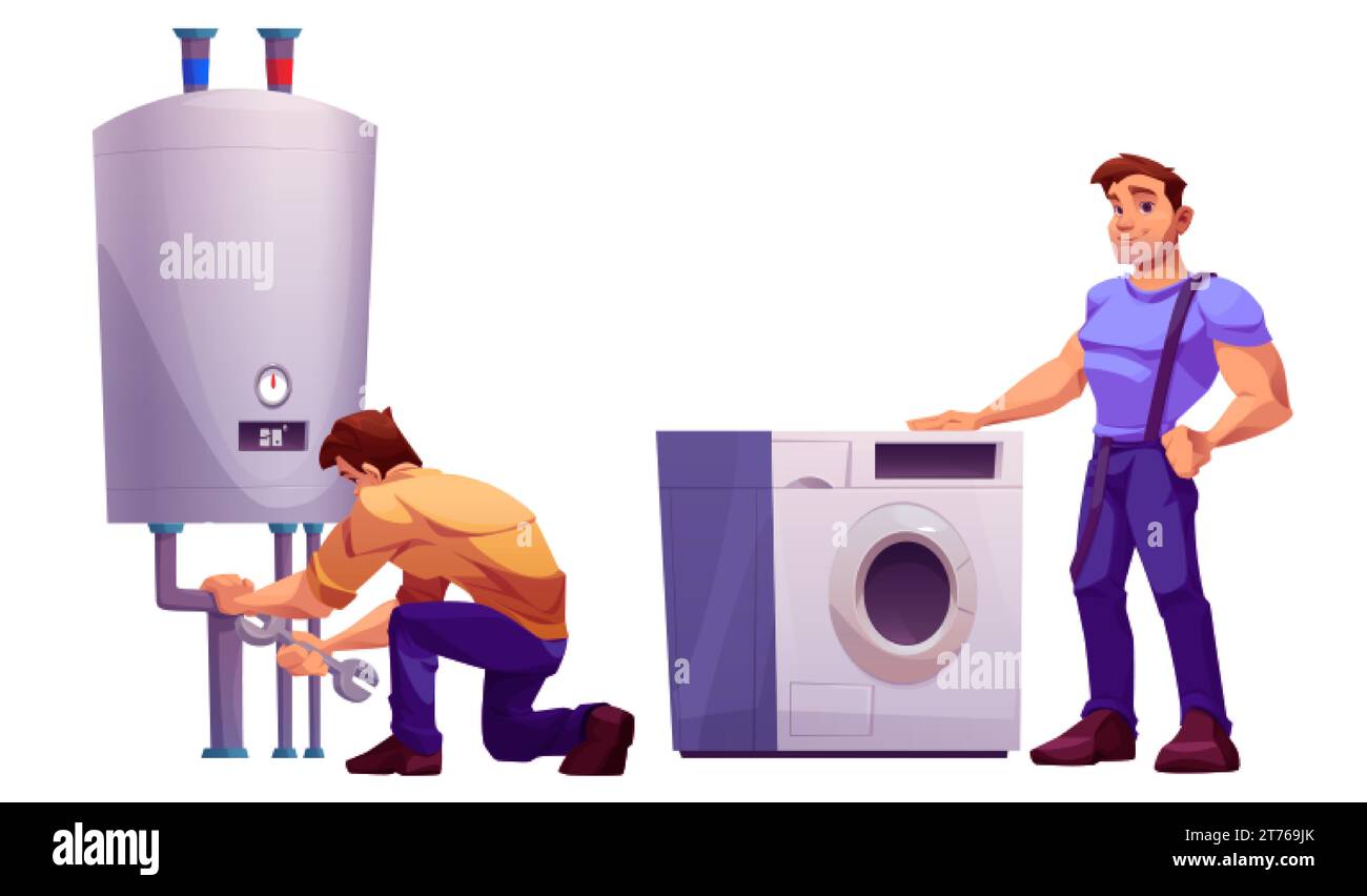 Repairman fixing boiler, standing by washing machine isolated on white ...