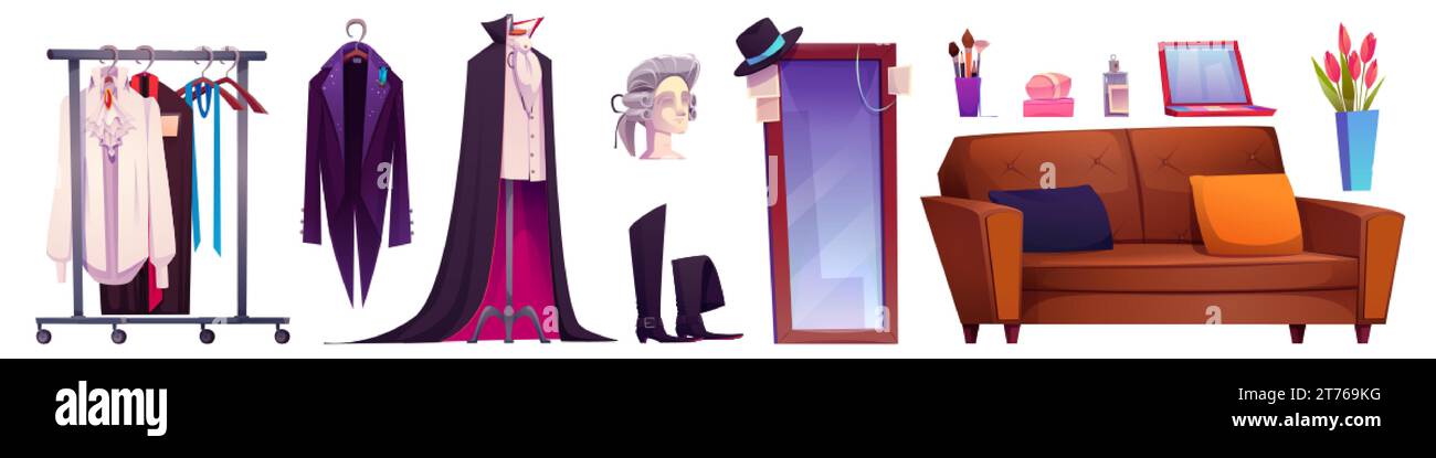 Backstage makeup room in theater interior vector set. Man dressing ...