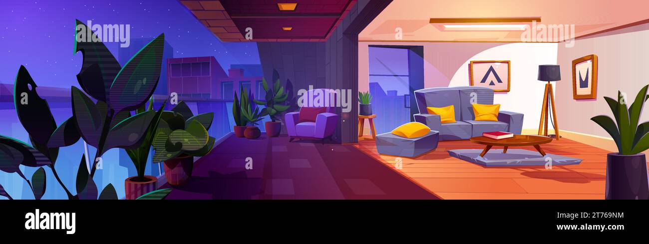 Night balcony with green home garden and armchair for relax. Cartoon ...