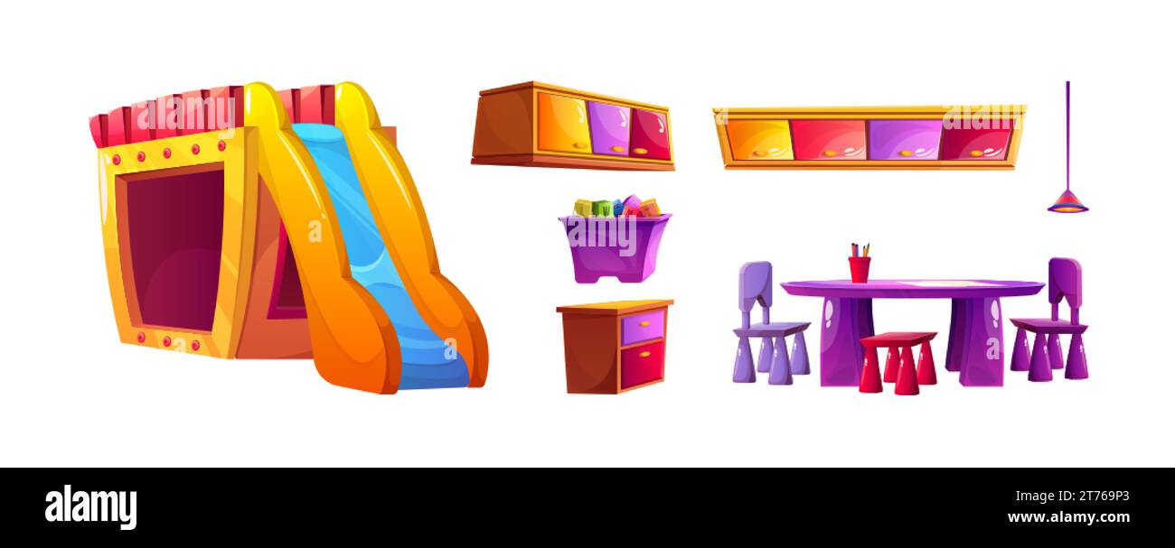 Kid classroom in kindergarten interior cartoon set. Preschool playroom ...