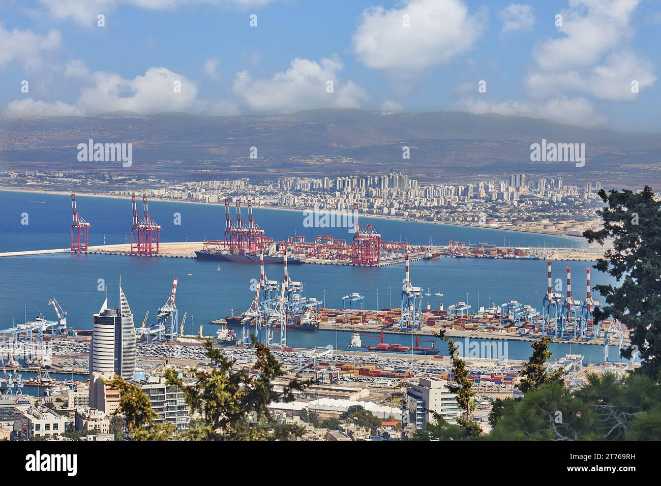 Seaport in the city of Haifa, panorama of the port and city buildings ...
