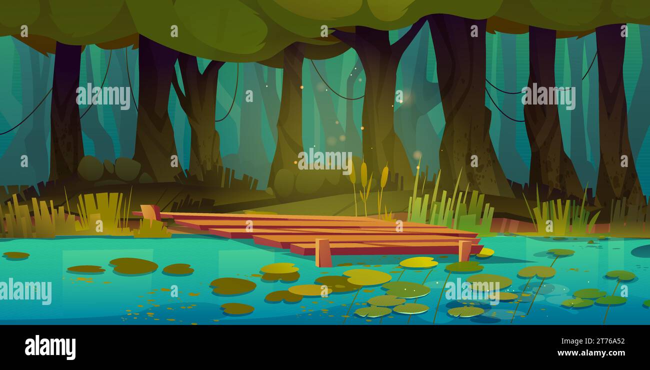 Forest swamp with wooden pier - cartoon vector illustration of summer ...