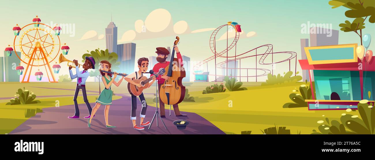 Street musician band playing musical instruments and singing in city ...