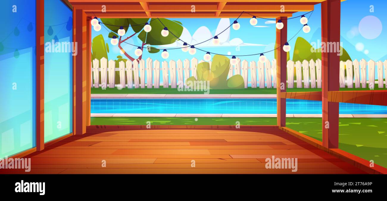House porch and swimming pool in backyard. Vector cartoon illustration ...