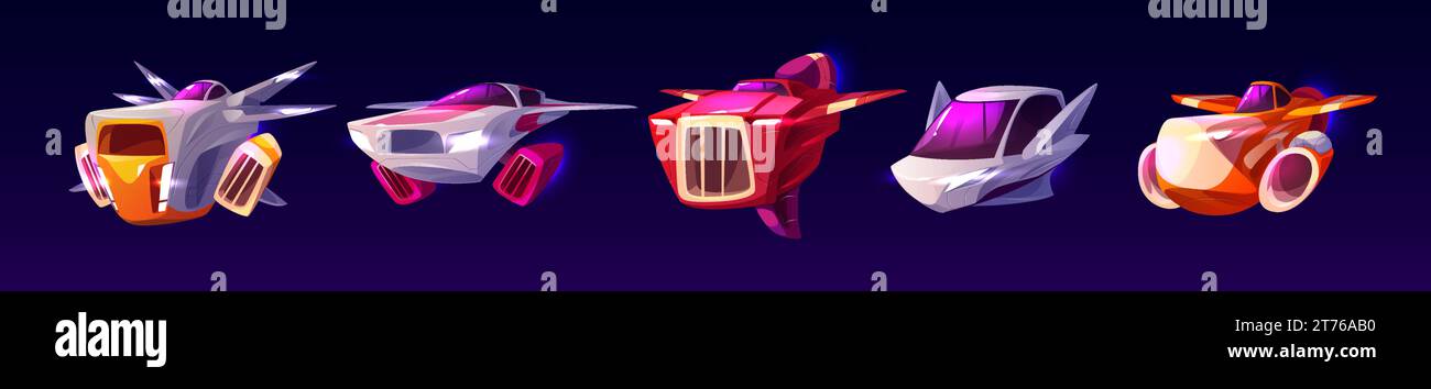 Game spaceships set isolated on black background. Vector cartoon ...