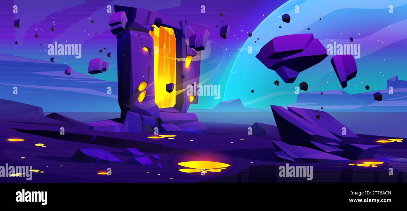 Door with magic portal to travel to another universe or time on rocky ...