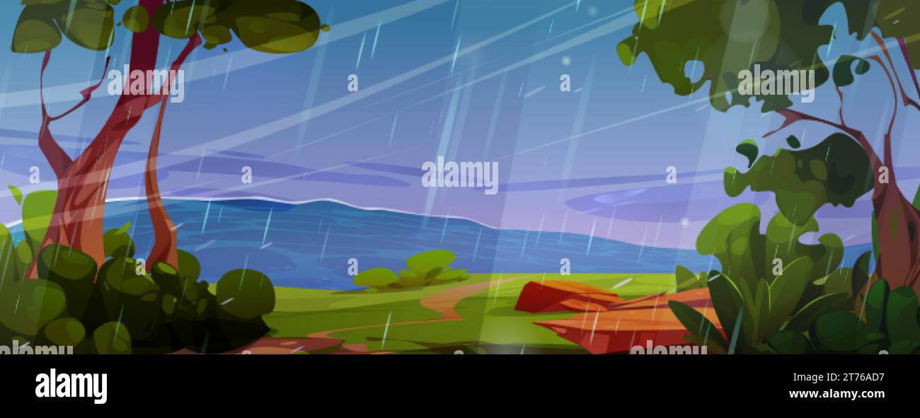 Path to sea with rain and wind storm vector illustration. Ocean beach ...