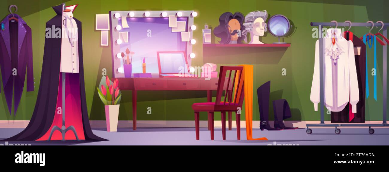 Backstage dressing and makeup room with mirror. Male dress costume for ...