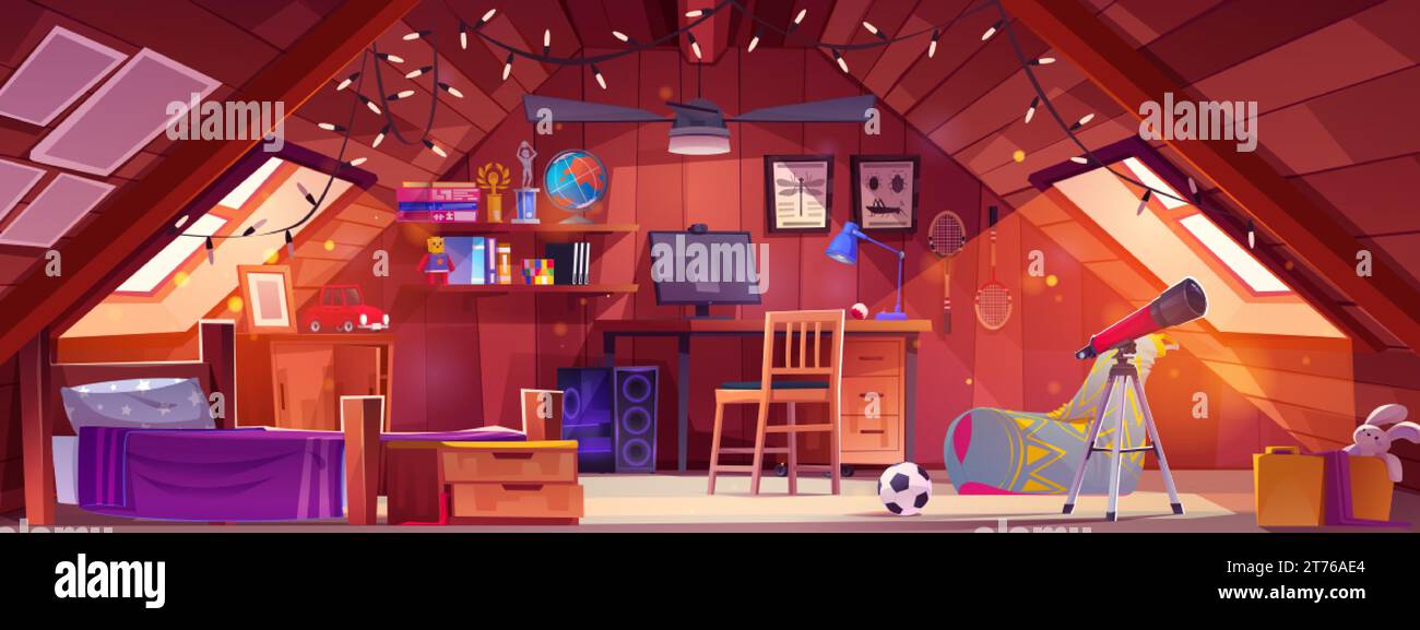 Cartoon teenage boy bedroom in attic of house, furniture and ...