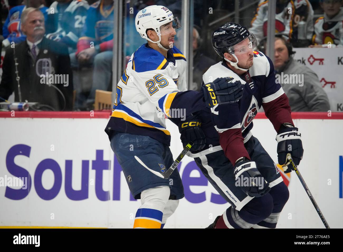 St. Louis Blues center Jordan Kyrou (25) and Colorado Avalanche center ...