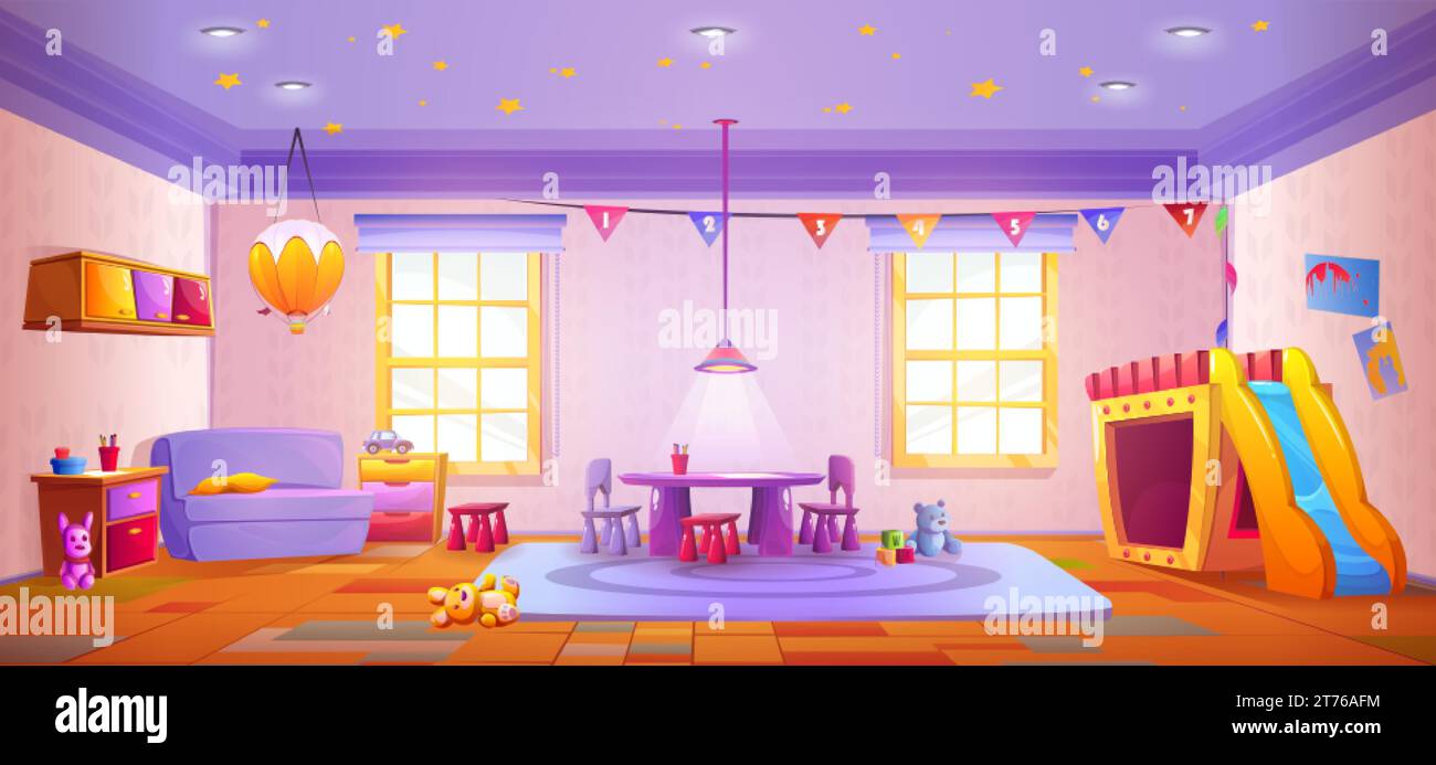 Kindergarten classroom interior with table and chairs, children slide ...