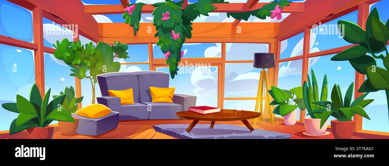 Glass balcony or terrace in house with garden illustration. Patio room ...