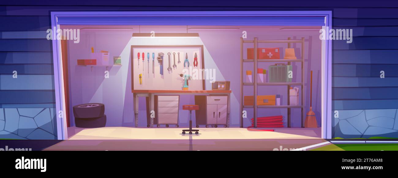 Workshop interior in garage room cartoon vector background. Carpentry ...