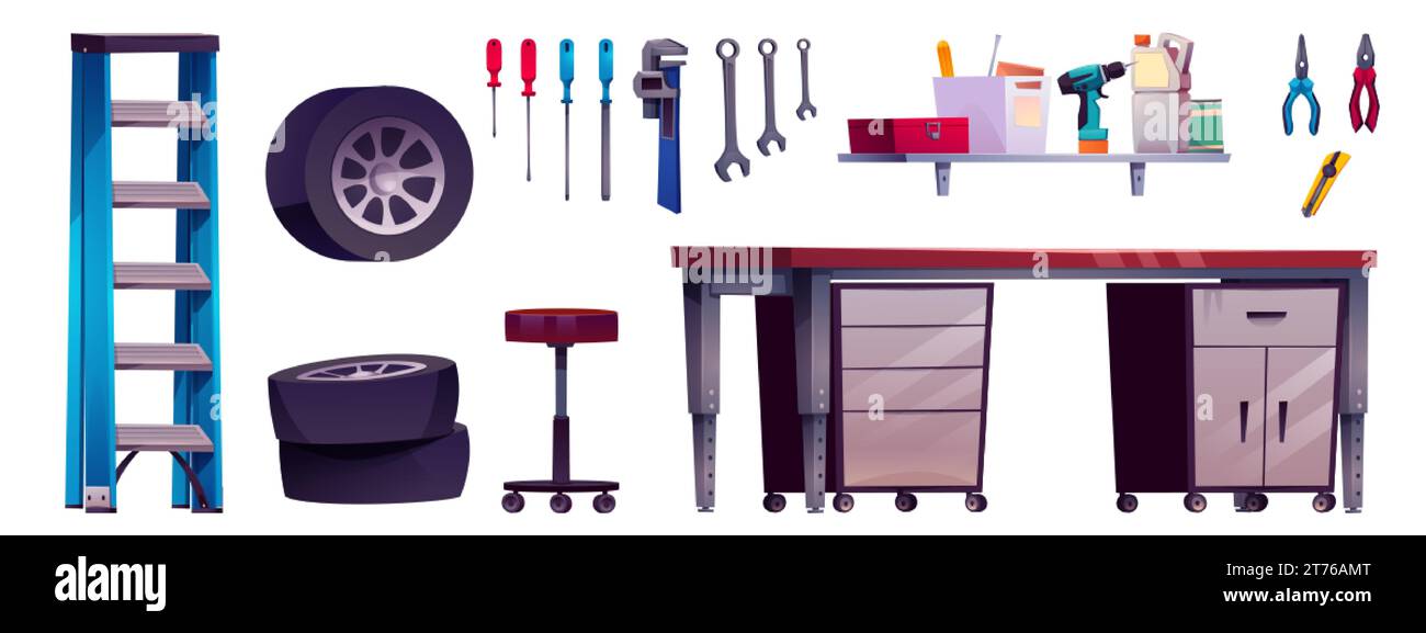 Cartoon garage interior furniture and working tools. Vector ...
