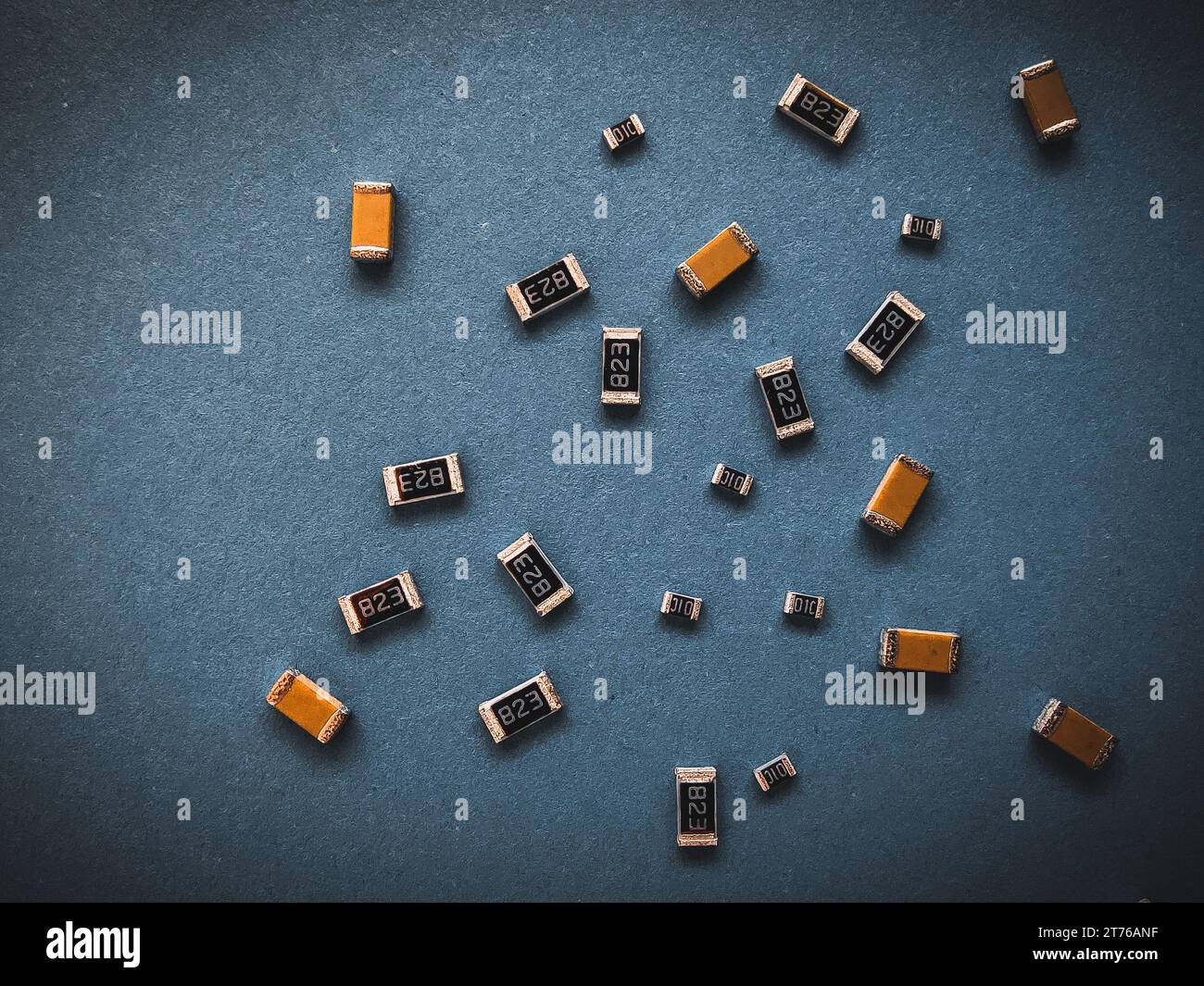 Electronic components, many ceramic capacitors and chip resistors on ...